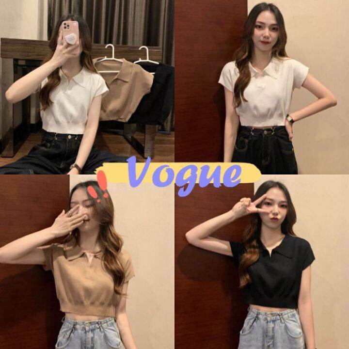 Vogueพร้อมส่งเสื้อครอปไหมพรม แขนกุดคอปก น่สรักมากอิอิ (K282) | Lazada.co.th
