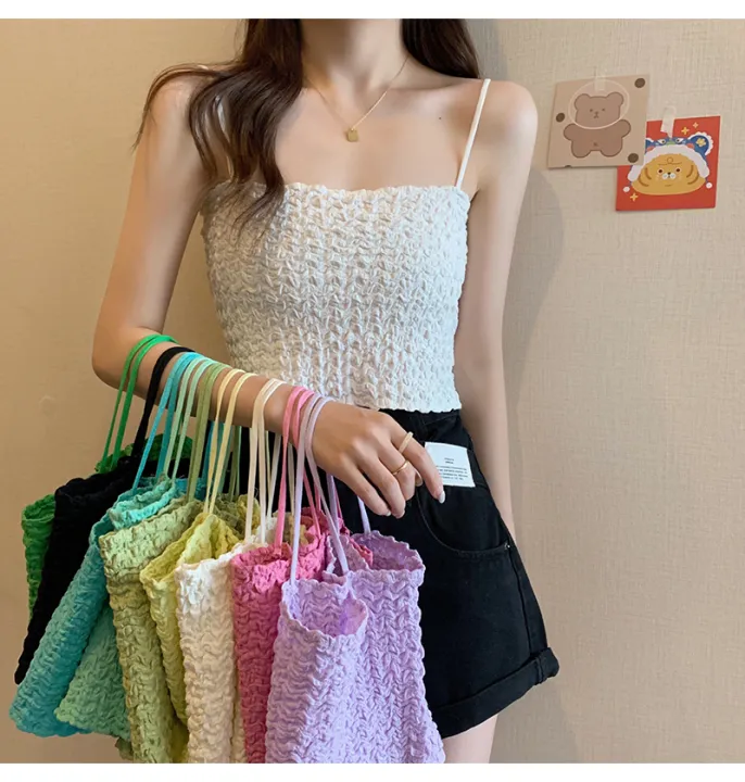 พร้อมส่ง เสื้อสายเดี่ยวผ้าย่นเกาหลี ผ้าอัดยับฮิตที่สุดตอนนี้ เสริมฟองน้ำให้ในตัว กันโป๊ใส่สบาย ...