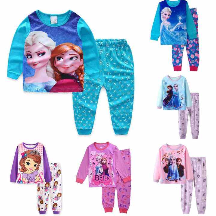 Pyjamas Kids Girl Frozen Elsa Anna Sofia Princess Baju Tidur Budak ...