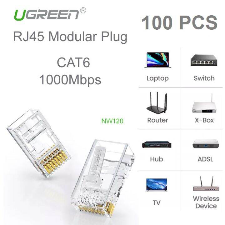 UGREEN CAT 6 UNSHIELDED RJ45 MODULAR PLUGS (100PACK) / GOLD PLATED 3U ...