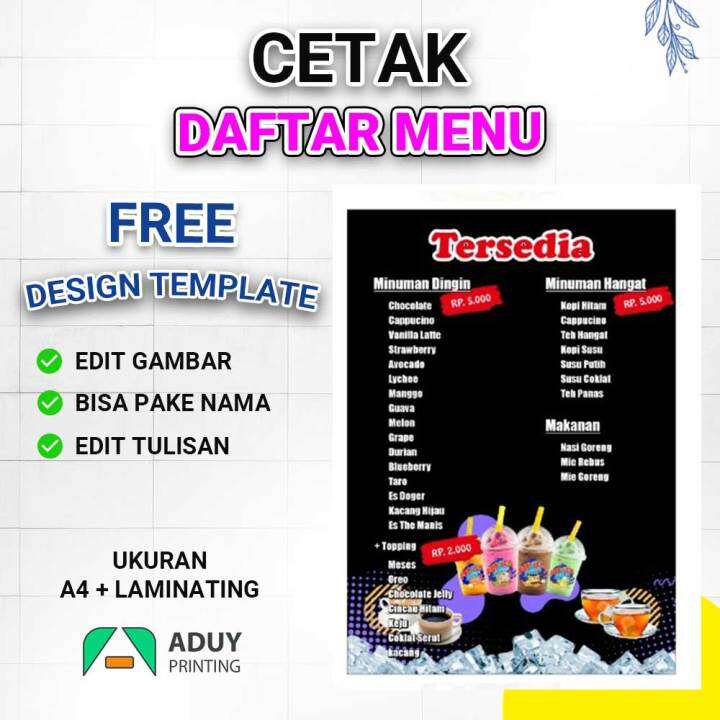Cetak Daftar Menu Viral Untuk Jualan Ukuran A4 termasuk laminating bisa ...