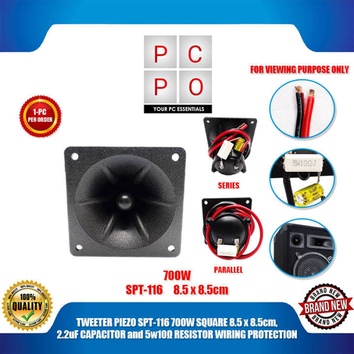 PC PO TWEETER PIEZO SPT-116 700W SQUARE 8.5x8.5cm, 2.2uF CAPACITOR and ...