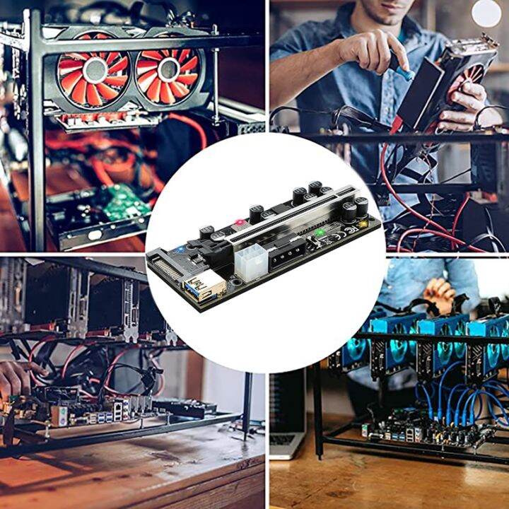 10 Pcs V009S PRO Riser Card with 10 Capacitors and LED Switch Key PCI-E ...