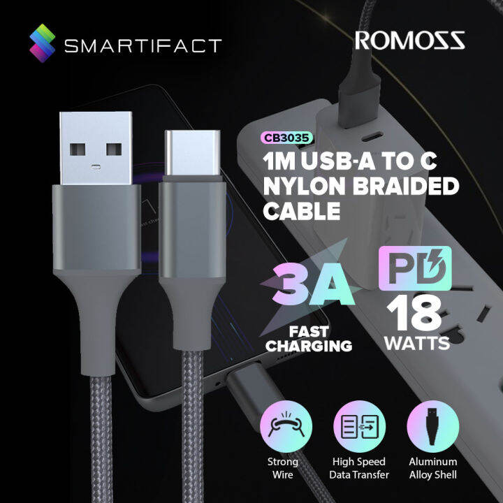 Romoss CB3035 Type-C Charging Cable 1M Nylon Braided Data Cable Grey ...