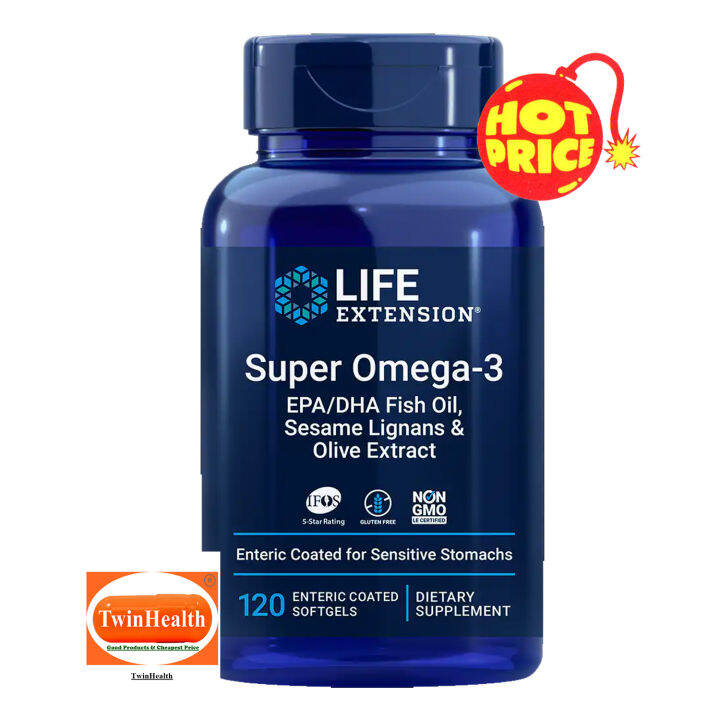 Life Extension Super Omega-3 EPA/DHA Fish Oil, Sesame Lignans & Olive Extract / 120 Enteric ...