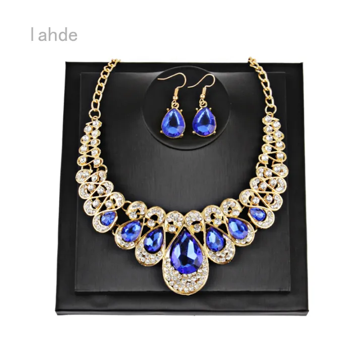 Lahde แฟชั่นสีทองน้ำหยดจี้ C Hocker สร้อยคอต่างหูแต่งงานเจ้าสาวคริสตัล ...