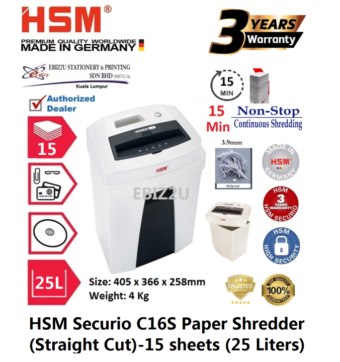 HSM Securio C16 S Paper Shredder (Straight Cut)-15 sheets (25 Liters ...