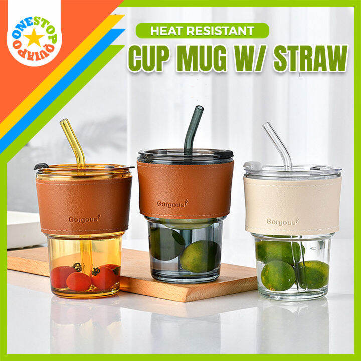 OSQ Double Glass Heat Resistant Lid Cup Mug W/ Straw & Protective Sleeve For Coffee Tea & Juice ...