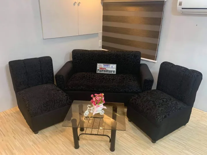 SALA SET BLACK VELVET WITH GLASS TABLE URATEX FOAM | Lazada PH
