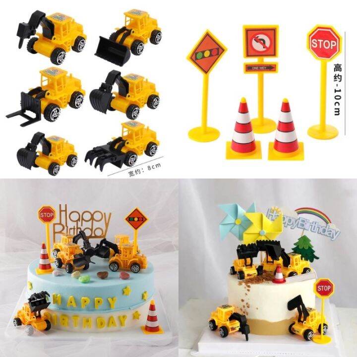 Construction Car Cake Decorations Roadblock Sign Engineering Vehicle ...