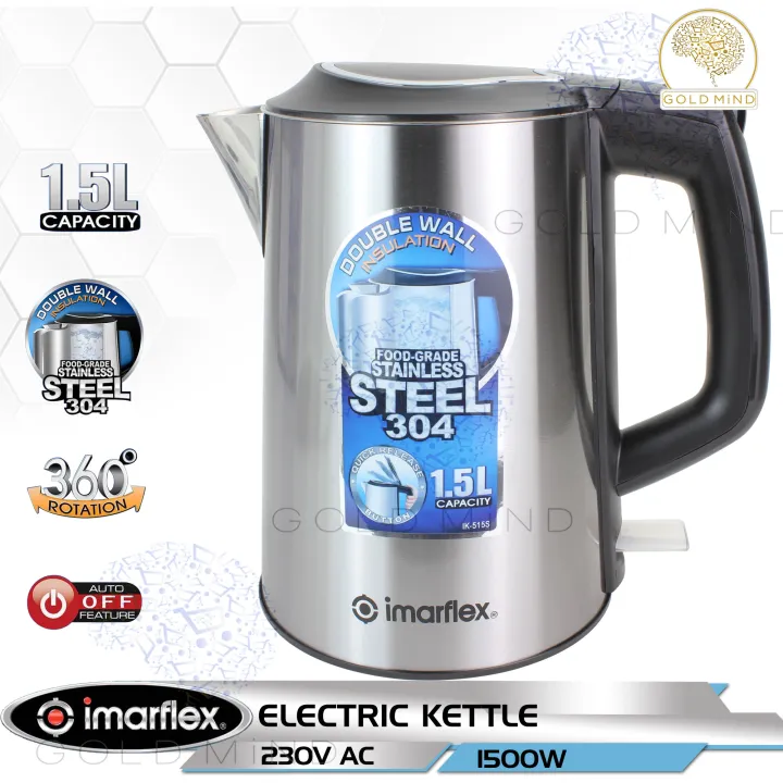 Imarflex Electric Kettle 1.5L Double Wall Insulation 1500 W - Gold Mind ...