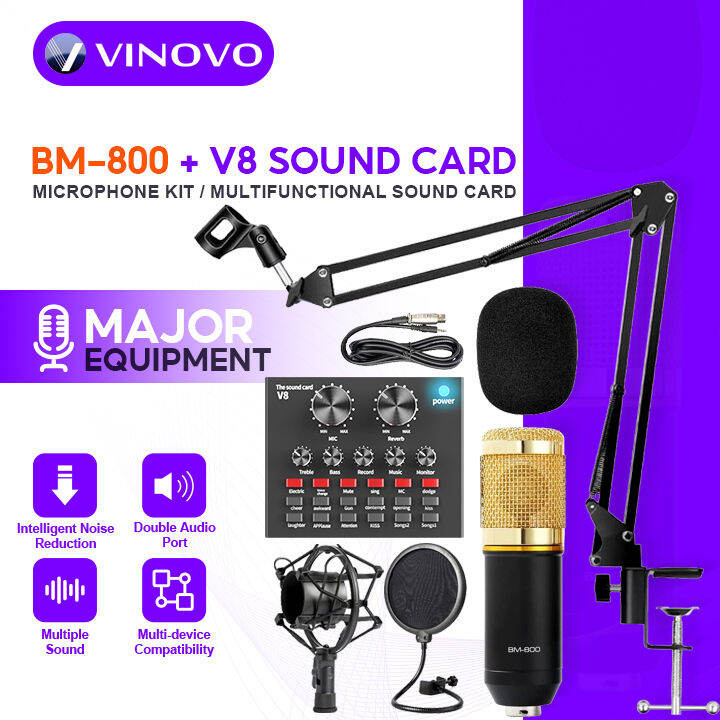 VINOVO 100 Original BM-800 Condenser Microphone Kit With V8 Multifunctional Live Sound Card ...