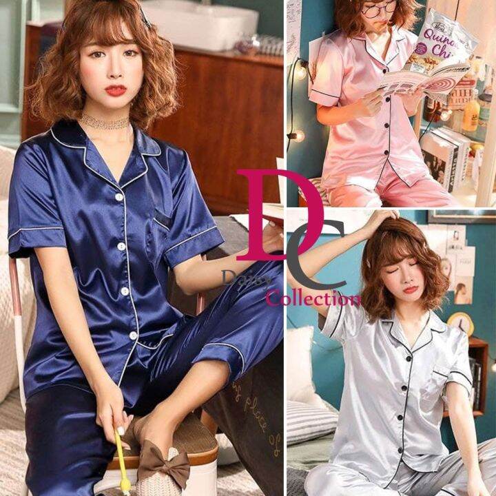 terno DC Halle Button Down With Collar and Side Pocket Silk Sleepwear ...
