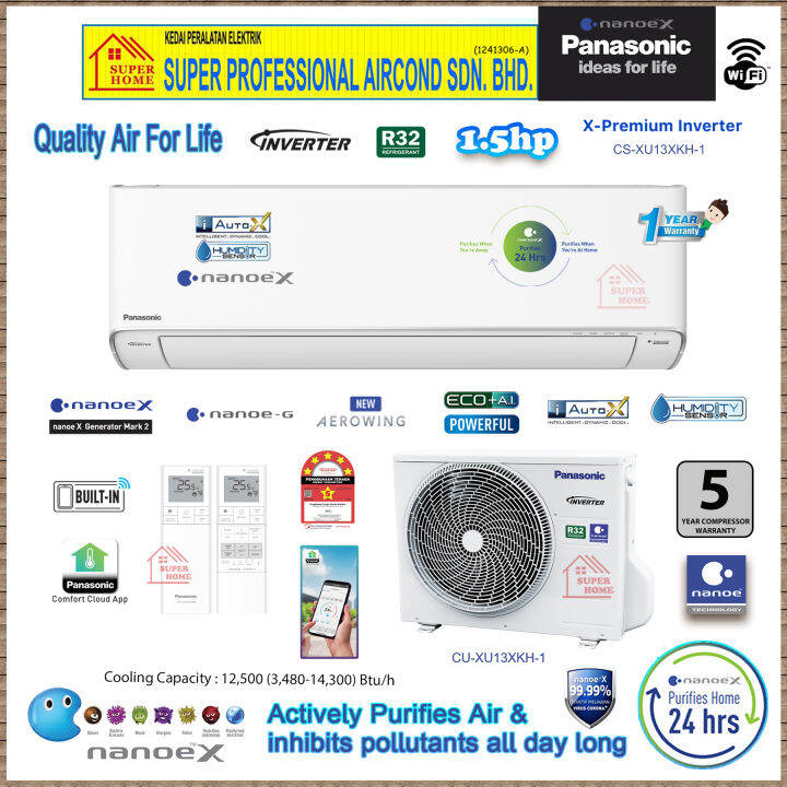 Panasonic X-Premium Inverter 1.5hp Air Conditioner CS-XU13XKH & CU-XU13XKH ((iAUTO-X and ...