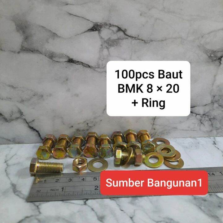 Baut Mur Kuning 8 x 20 + Ring 100pcs kunci 12 8mm 2cm BMK 8x20 | Lazada ...
