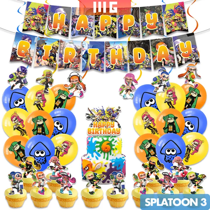 Splatoon 3 happy birthday party decoration set banner balloons cake ...