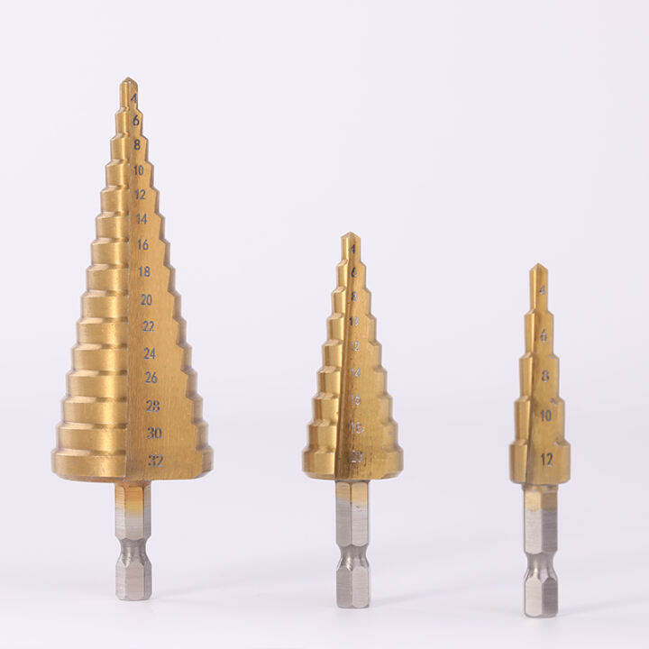 3 pcs HSS Titanium Step Drill Bit Set & 1 pcs Automatic Center Punch ...