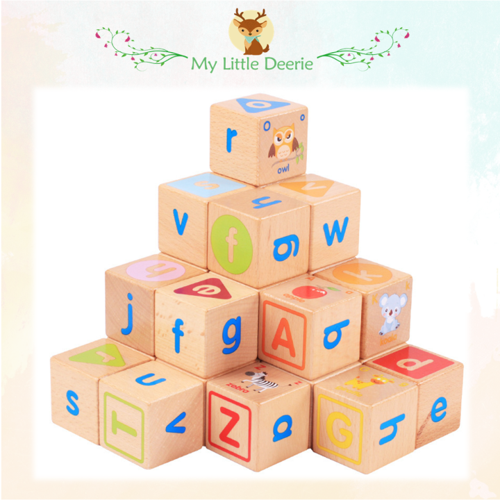 Wooden ABC Building Blocks Alphabets Animals Early Learning Educational ...