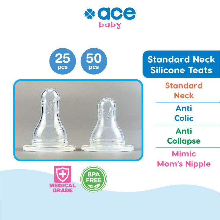 ACE BABY Standard Neck Silicone Teats (25/50 PCS) Anti Colic BPA Free Milk Bottle Nipples Puting ...