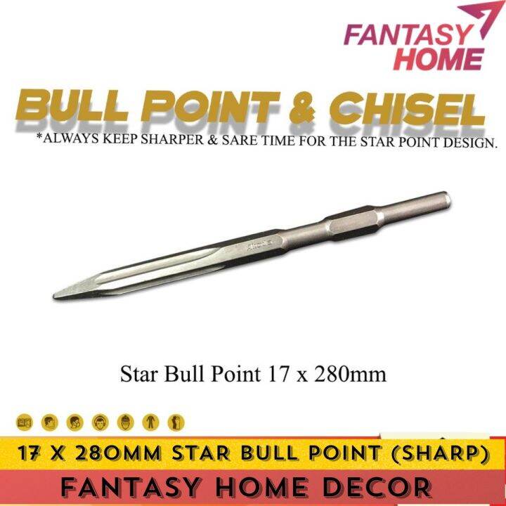 Heavy duty 17mm X 280mm DEMOLITION STAR BULL POINT/ ELECTRIC DEMOLITION HAMMER CHISEL BIT ...