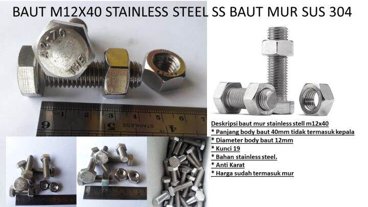 BAUT STAINLESS STEEL BAUT M12 BAUT PANJANG 4CM BAUT M12X40 STAINLESS ...