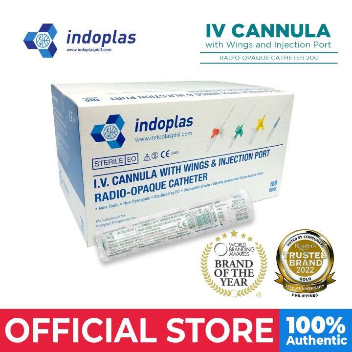 Indoplas 20G IV Cannula with Wings and Injection Port Box of 100 (Pink ...