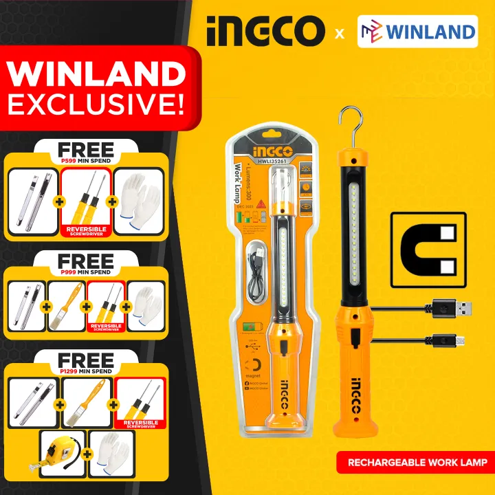 INGCO by Winland Work Lamp Li-polymer Rechargeable Battery 300 Lumens 3 ...