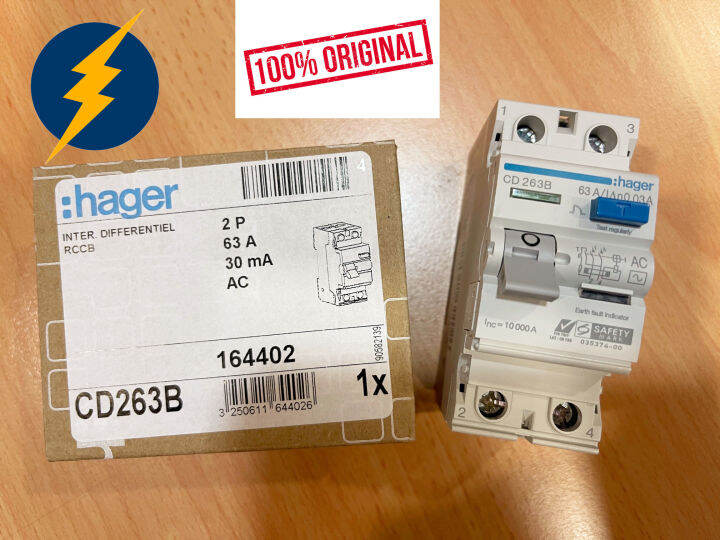 HAGER CD263B 63AMP 2 POLE 30mA RCCB ELCB | Lazada