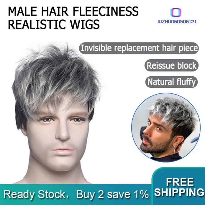 Men Short Straight Wig Ombre Grey Black Synthetic Wig for Male Hair ...