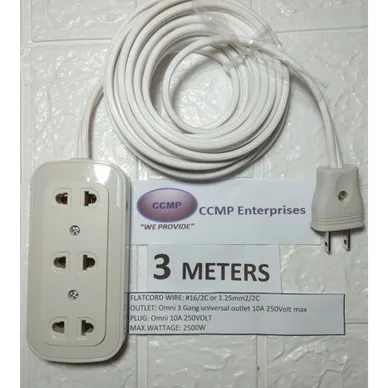3 meters Heavy Duty Extension Cord wire (3)Three Gang flat cord #16 ...