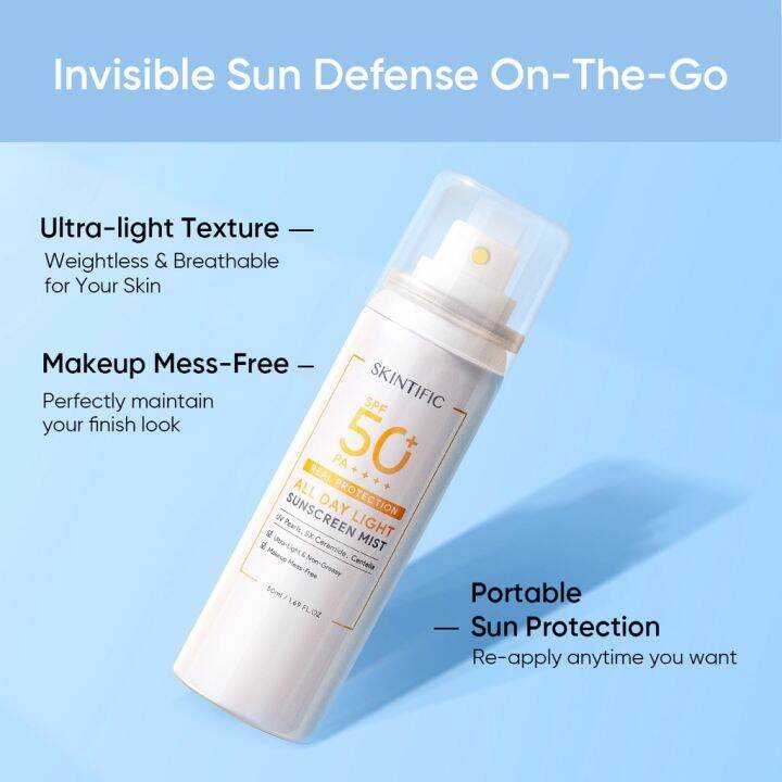 SKINTIFIC All Day Light Sunscreen Mist SPF50 PA++++ Whitening Sunblock Spray Anti UV Face/Body ...