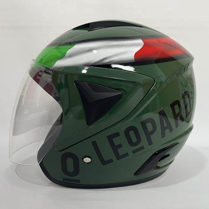 Helm JP13 Leopard (Hitam) Hijau Army Glossy - Single Visor Kaca Clear ...