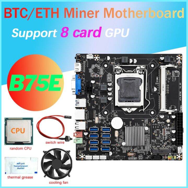 B75E 8 Card BTC Mining Motherboard+CPU+Fan+Thermal Grease+Switch Cable B75 Chip 8 USB3.0 Ports ...