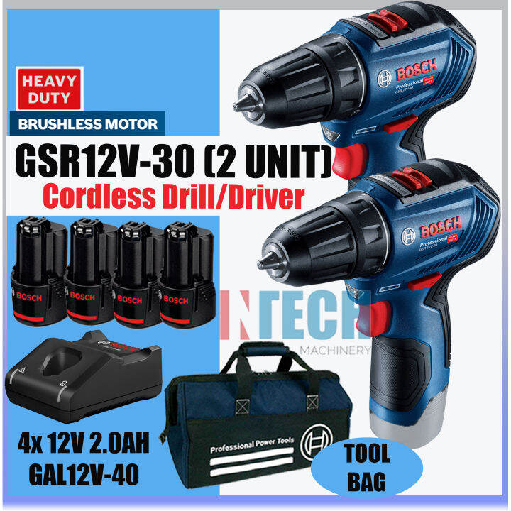 BOSCH (BRUSHLESS MOTOR) GSR12V-30 CORDLESS DRILL/DRIVER (2 UNIT) C/W 4x ...