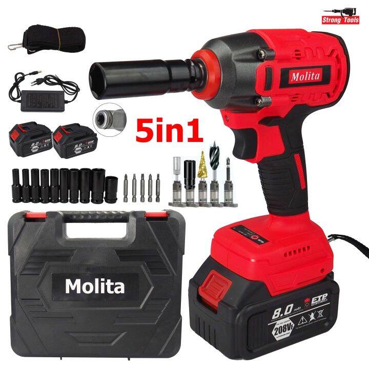 MOLITA บล็อกไฟฟ้า 208V รุ่นใหม่ 5in1 แบต2 ก้อน บล็อกแบตเตอรี่ สว่านไร้สาย โฮลซอ เจาะไม้ ฟรี ลูก ...