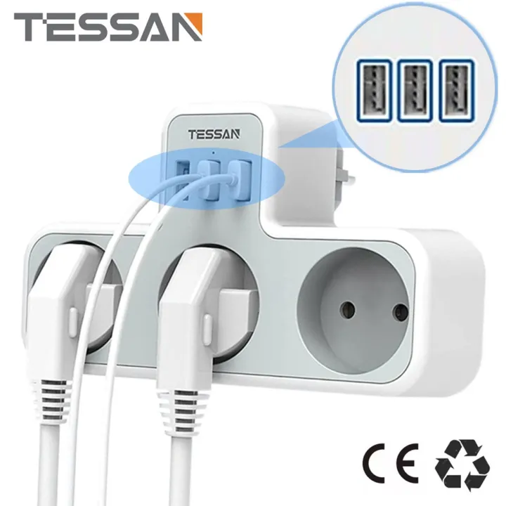 TESSAN EU Plug Extension Socket Adapter with 3 Outlets 3 USB Ports ...