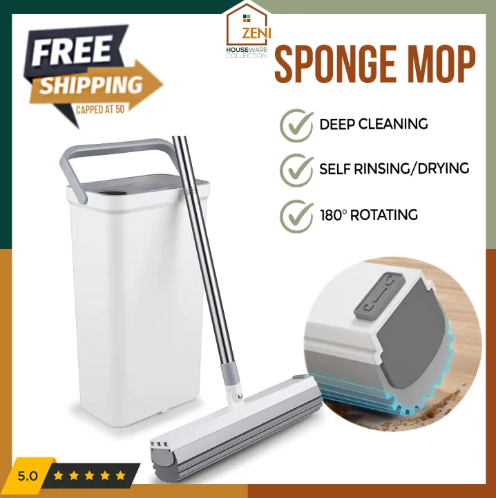 ZENI Sponge Mop Complete Set with Squeezer Bucket for Floor Cleaning ...