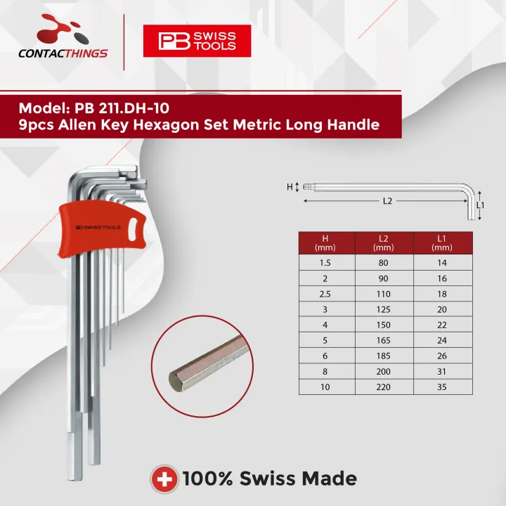 PB SWISS TOOLS 9pcs Hexagon Allen Key L-Wrench Set, Long (mm) (Chrome ...