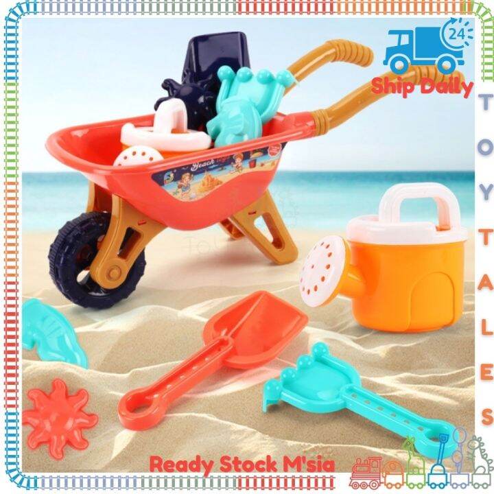 Beach Wheelbarrow Toy with Watering Can Rake Shovel Mould Sand Castle ...