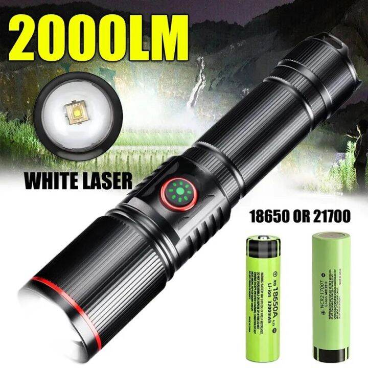 Portable Powerful LED Flashlight 2000LM Tactical Zoom Torch USB Rechargeable 18650 or 21700 ...