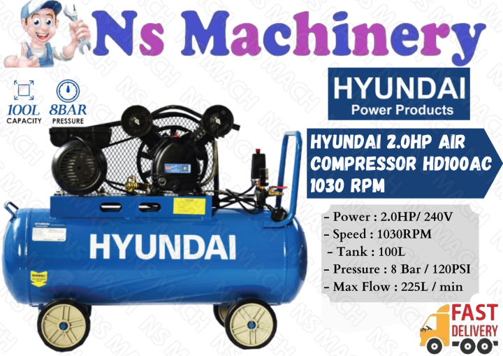 Hyundai 2.0HP 100Litre 8Bar/120psi Belting Heavy Duty Air Compressor ...