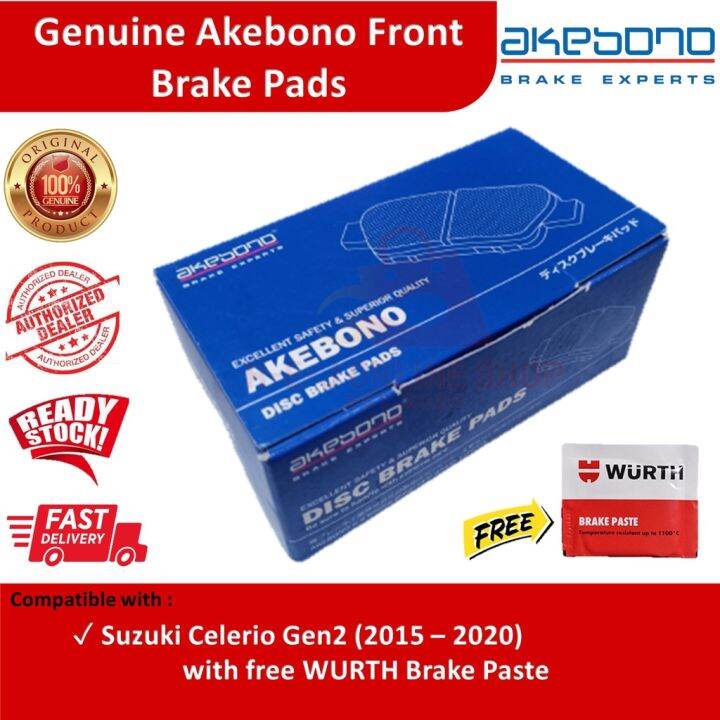 Genuine Akebono Front Brake Pads for Suzuki Celerio Gen2 (2015 - 2020) with free WURTH Brake ...