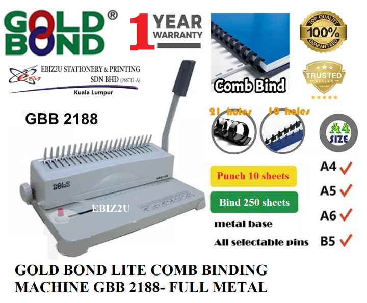 GOLD BOND LITE COMB BINDING MACHINE GBB 2188- FULL METAL (binding ...