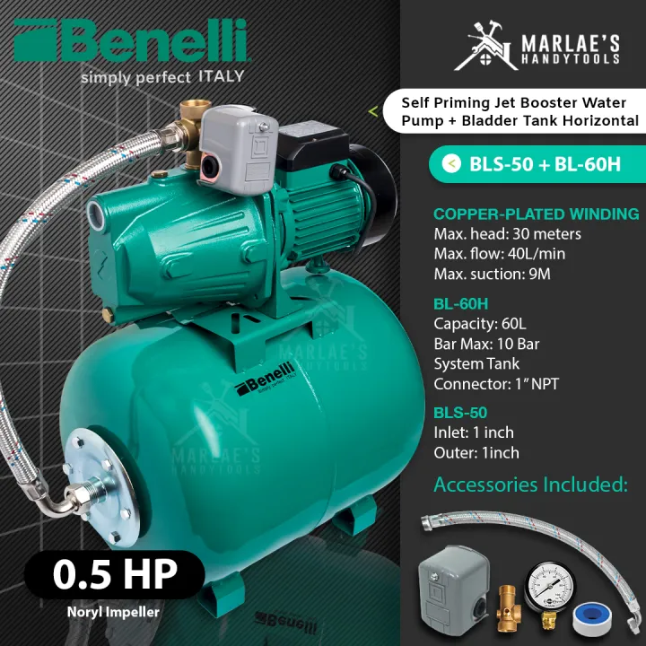 Benelli Self Priming Jet Booster Water Pump 0.5HP BLS50 + Bladder Tank ...