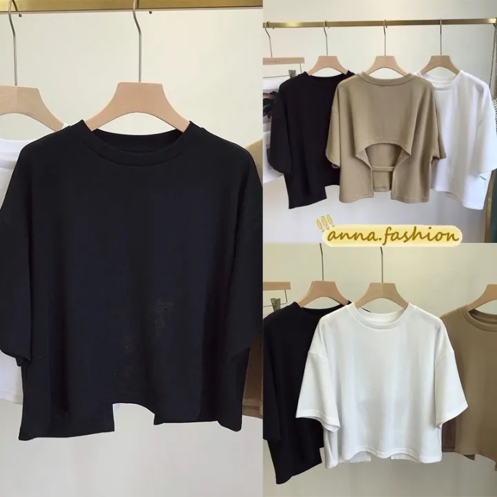 Annafashion 2370 เสื้อยืดคอกลมแขนสั้น เสื้อยืดผ้าฝ้าย เปิดหลัง ทรงหลวม สไตล์เกาหลี Th
