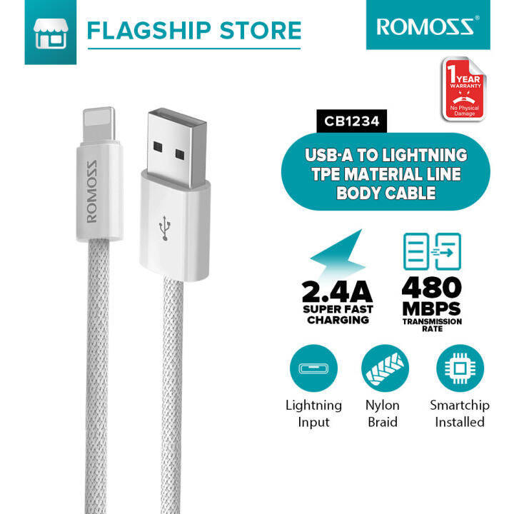 Romoss CB1234 1M iPhone Cable Support 2.4A Max Fast Charging TPE ...