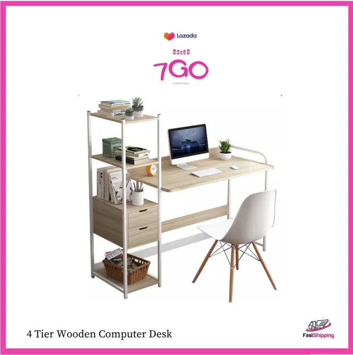 7GO’s Scratchproof Wooden Computer Table/ Desk for Home Office/Work/Study with 4-Tier ...