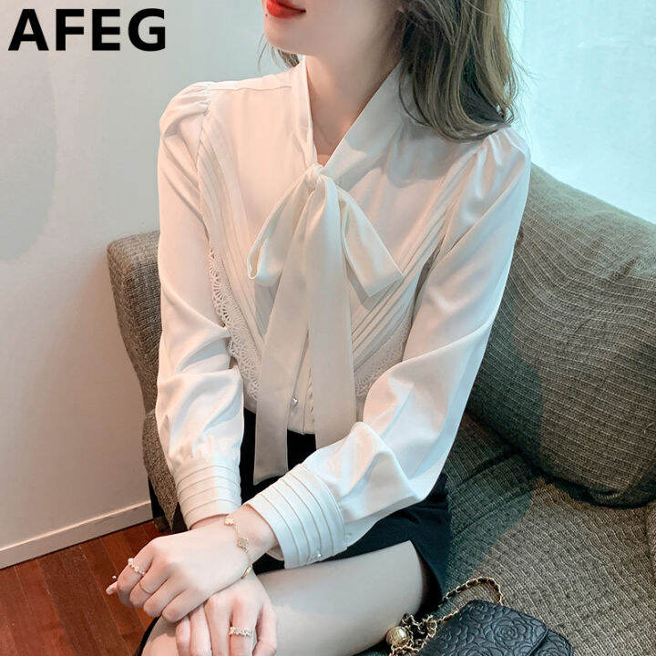 AFEG ใหม่สไตล์เกาหลีโบว์แฟชั่นหลวมทุกการแข่งขันจีบผ้าไหมเสื้อแขนยาว ...