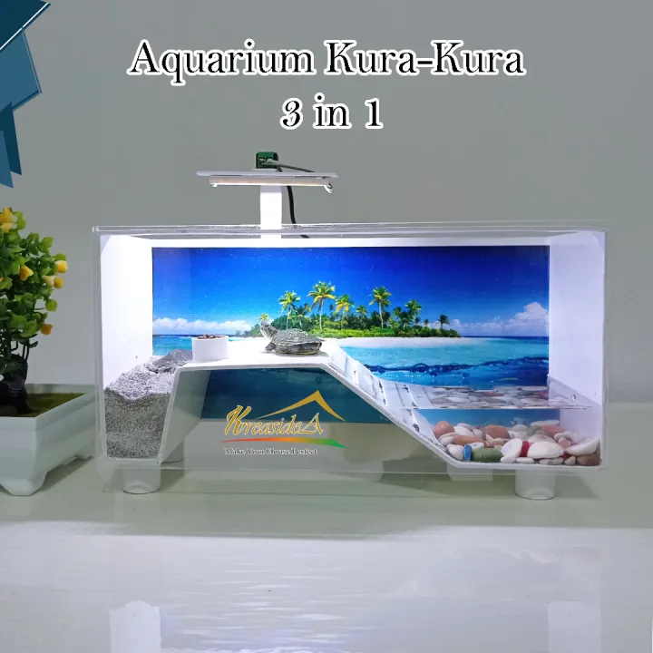 Aquarium kura kura brazil akuarium kura kura mini lengkap dengan lampu led dan hiasan | Lazada ...