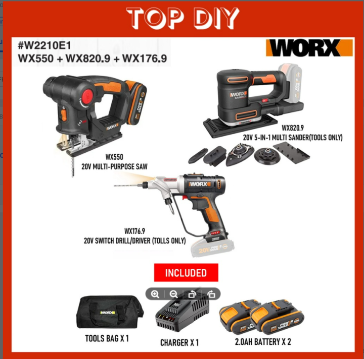 WORX WFH COMBO WX802 Cordless Grinder 20v + WX550 Cordless Multi Purpose Saw 20v (F.O.C) WX176.9 ...
